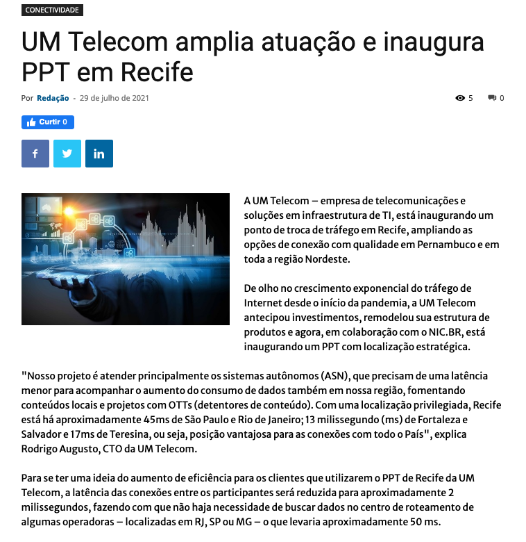 NIC.br - Na Mídia - UM Telecom amplia atuação e inaugura PPT em Recife